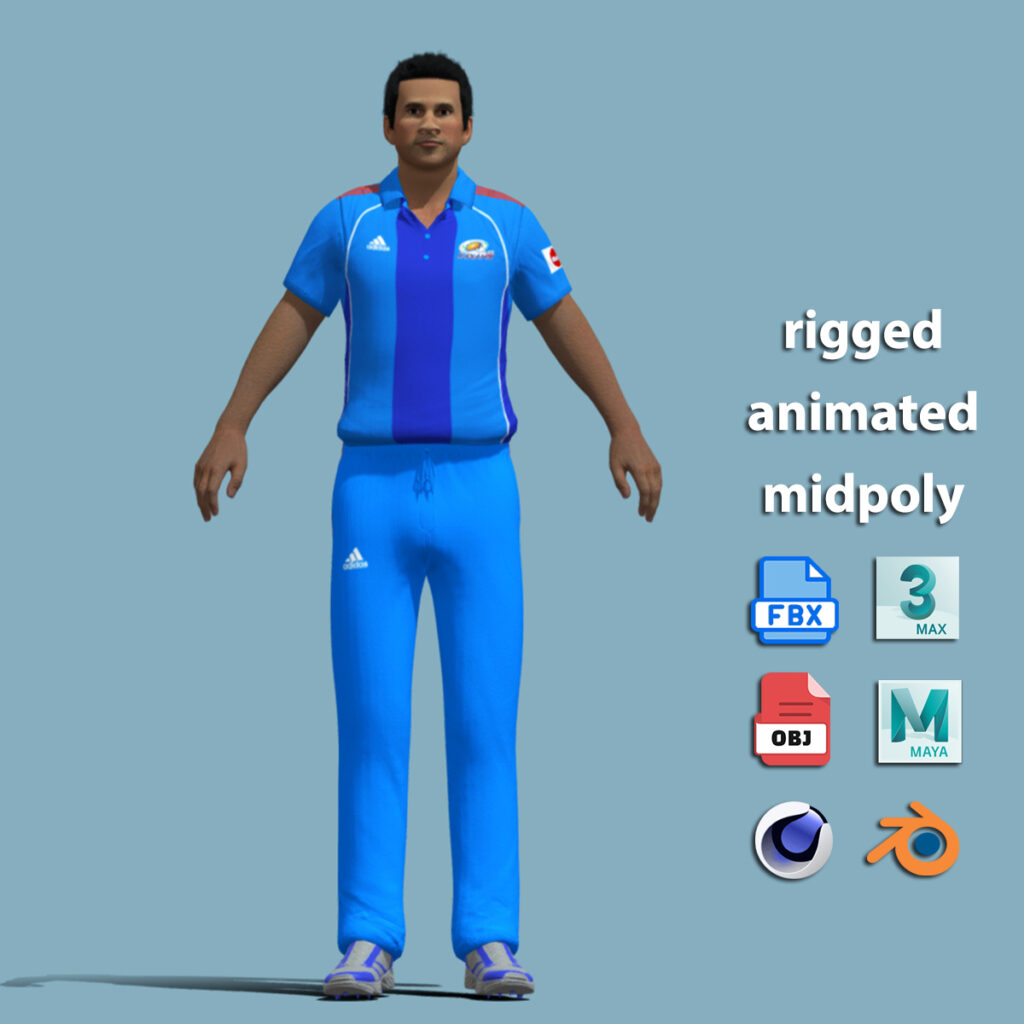 A-Pose Rigged Sachin Tendulkar 3D Model | 3DPassion
